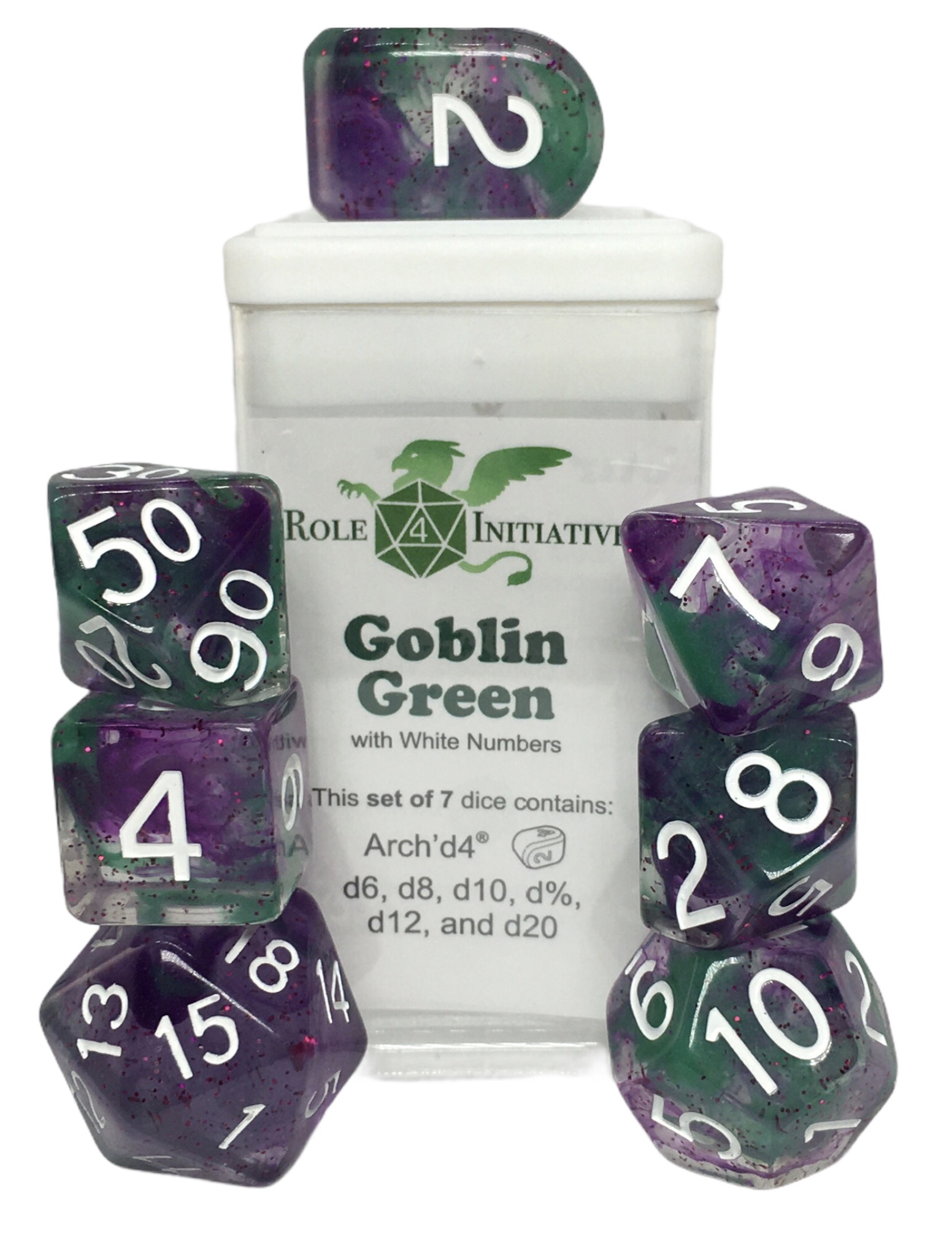 Role 4 Initiative Set of 7 Dice with Arch D4 Diffusion Goblin Green ...